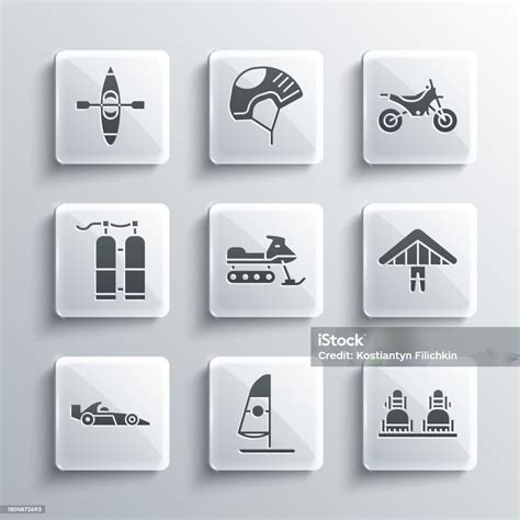 윈드 서핑 스노우 보드 행글라이더 스노우 모빌 포뮬러 1 레이싱 카 아쿠아 룽 카약 카누 및 산악 자전거 아이콘을 설정합니다 벡터 1에 대한 스톡 벡터 아트 및 기타 이미지