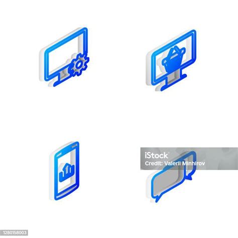장바구니 컴퓨터 모니터 및 기어 스마트폰 업로드 및 채팅 아이콘으로 등산화 라인 모니터를 설정합니다 벡터 3차원 형태에 대한