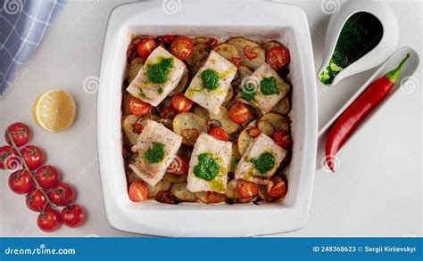 Baked Hake Fish With Herbal Dressing Stock Image Image Of Baked