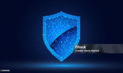 보안 쉴드 진한 파란색의 추상 와이어프레임 벡터 그림입니다 안전 개념의 보호 및 보안 낮은 폴리 별이 빛나는 하늘 디지털 3d 현대 이미지 또는 배경 미래 벡터