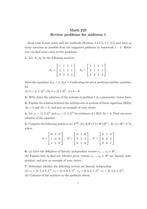 11 Problems On Introductory Matrix Theory Review Sheet Math 225 Docsity