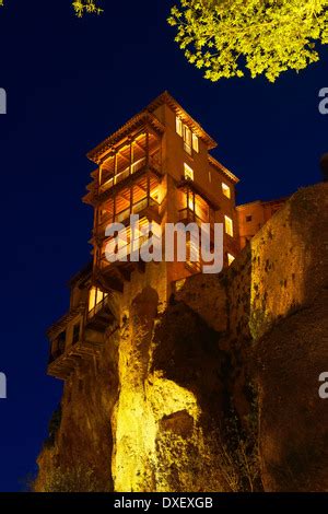 Cuenca Casas Colgantes Hanging Houses At Dusk Unesco World Heritage Site Castilla La Mancha