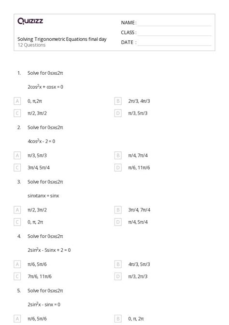 50 Trigonometric Equations Worksheets On Quizizz Free And Printable