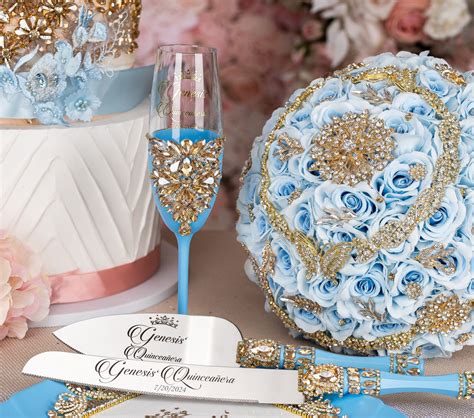 Light Blue Quinceanera Cake Knives And Cup Dusty Blue Sweet 15