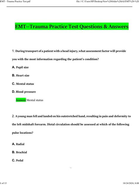EMT Trauma Practice Test 2024 Questions And Verified Answers 2024