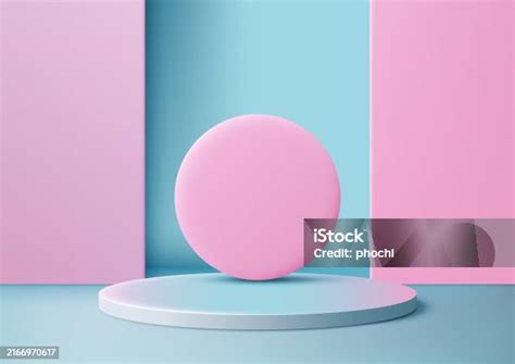 파스텔 블루와 핑크 장면의 3d 플랫폼에 핑크 원이 있는 현대적인 미니멀리스트 연단 전시회 및 쇼룸에 적합 3차원 형태에 대한