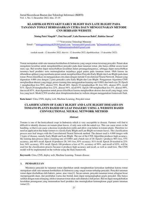 Pdf Klasifikasi Penyakit Early Blight Dan Late Blight Pada Tanaman Tomat Berdasarkan Citra