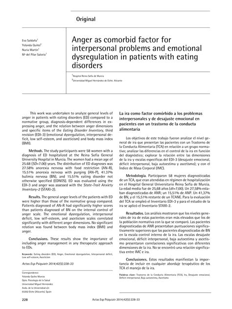 Pdf Anger As Comorbid Factor For Interpersonal Problems And Emotional Dysregulation In