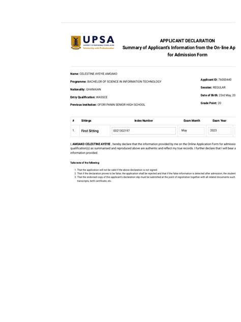 Upsa Admissions Declaration Pdf