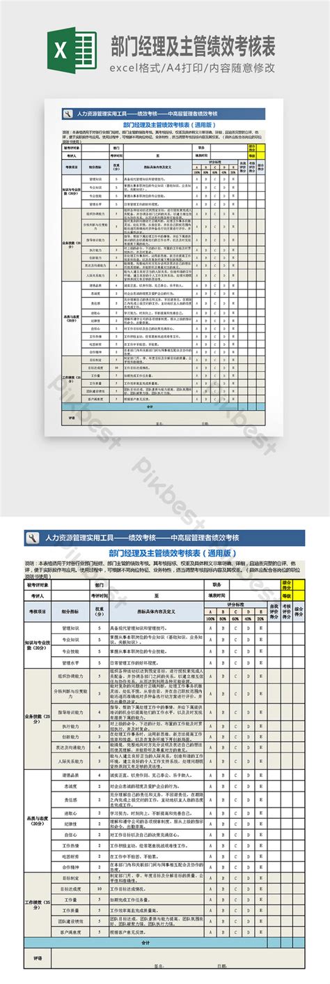 แบบประเมินผลการปฏิบัติงานทั่วไปสีน้ำเงินสำหรับผู้จัดการแผนกและหัวหน้างาน เทมเพลต เทมเพลต Excel