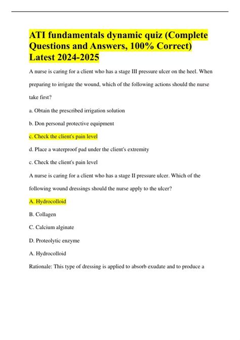 Ati Fundamentals Dynamic Quiz Complete Questions And Answers 100