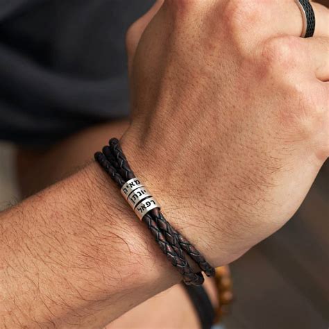 Hebrew Names Brown Leather Men Bracelet With Sterling Silver