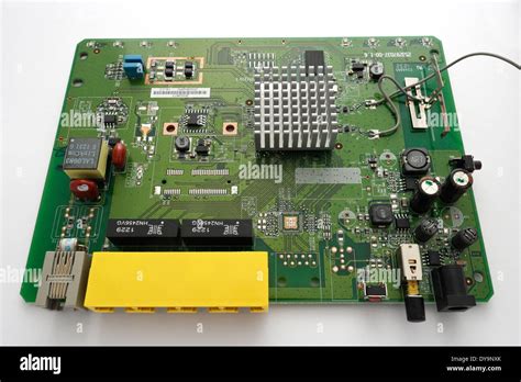 Inside A Broadband Router Showing Circuit Board Electronic Components Modern Technology Stock