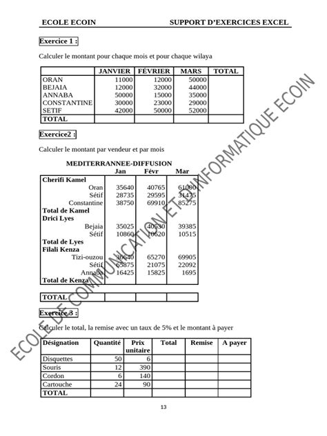 Supprot Dexercices Excel Pdf