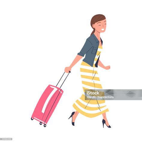 여행 가방을 들고 긴 드레스를 입은 여자 캐릭터는 여행 벡터 일러스트레이션을 가지고 여름 휴가를 간다 가방에 대한 스톡 벡터 아트 및 기타 이미지 Istock
