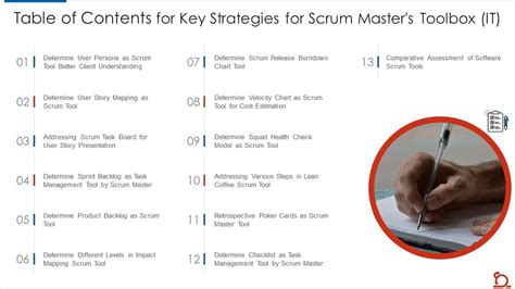 Table Of Contents For Key Strategies For Scrum Masters Toolbox It Infographics Pdf