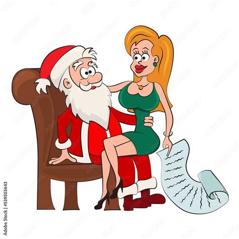 Sexy Blonde Sits On Santa Claus Lap With Big Wish List Jolly Santa And The Cute Girl Celebrate