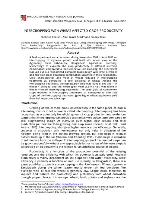 Pdf Intercropping With Wheat Affected Crop Productivity