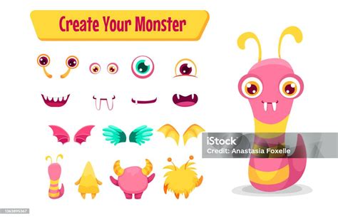 귀여운 몬스터 만화 생성기 키트 신체 부위 외계인 눈 입 치아 날개와 어린이 장난감 비디오 게임 및 할로윈 디자인에 대한 뿔 벡터 플랫 컬러풀 한 일러스트 개인 장식품에