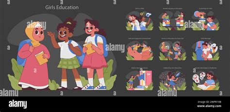 Girls Education Set Diverse Girls Engaging In Learning Activities