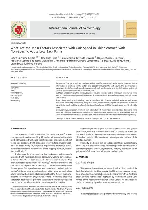 Pdf What Are The Main Factors Associated With Gait Speed In Older Women With Non Specific