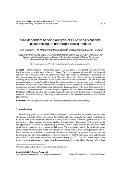 Pdf Size Dependent Bending Analysis Of Fgm Nano Sinusoidal Plates Resting On Orthotropic