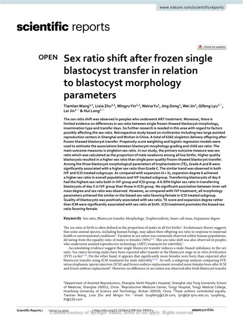 Pdf Sex Ratio Shift After Frozen Single Blastocyst Transfer In Relation To Blastocyst