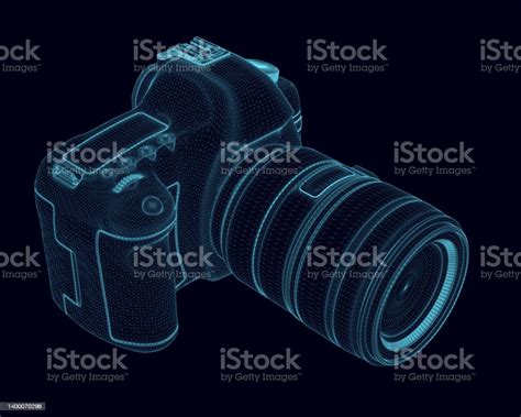 어두운 배경에 고립 된 파란색 선으로 만든 전문 카메라의 와이어 프레임 아이소메트릭 뷰 3d 벡터 일러스트레이션 3차원 형태에 대한 스톡 벡터 아트 및 기타 이미지 Istock