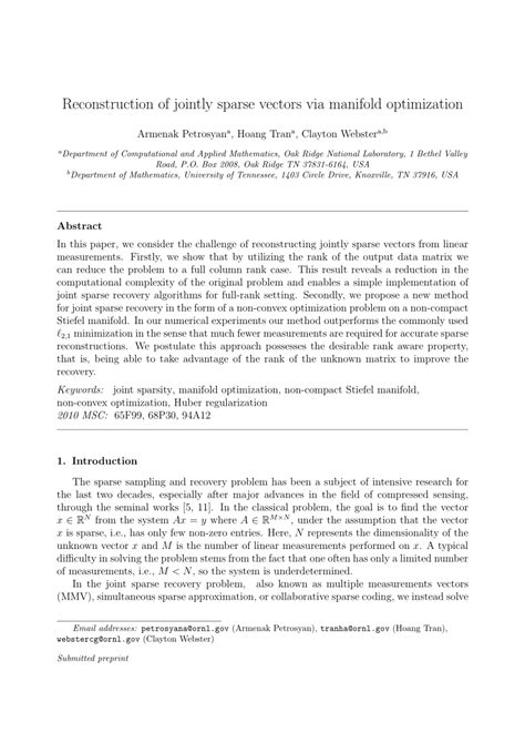 Pdf Reconstruction Of Jointly Sparse Vectors Via Manifold Optimization