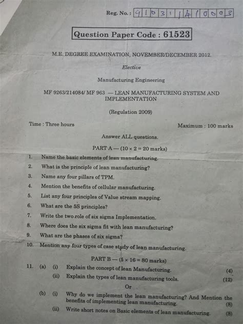 Lean Manufacturing System And Implementation M E Manufacturing Anna University Question Paper