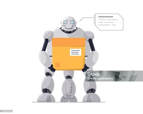 골판지 소포 상자 미래 기술을 들고 로봇 택배 또는 로더 로봇 배달 서비스 또는 창고 작업 개념 자동화된 Ai 스마트 드로이드 로지스틱 벡터 플랫 절연 일러스트레이션 가공의
