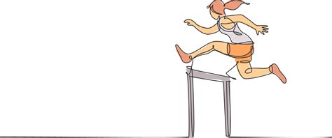 Uno Continuo Línea Dibujo De Joven Deportivo Mujer Corredor Saltando A