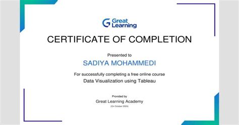 Sadiya Mohammedi On Linkedin Data Visualization Using Tableau Course Completion Certificate For