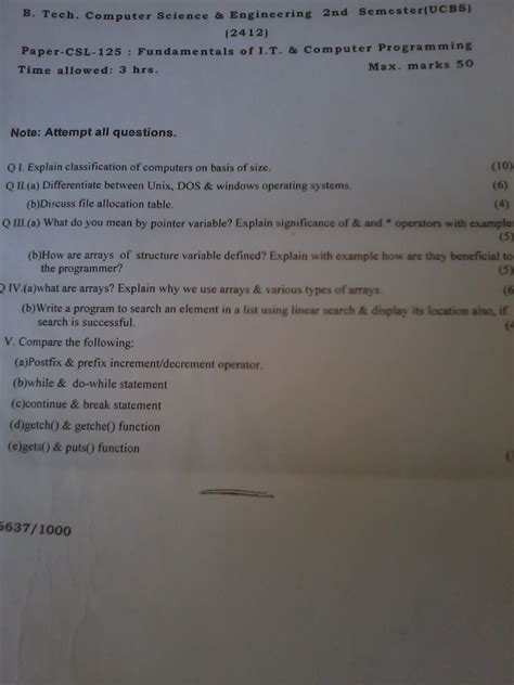 GNDU University Fundamentals Of Computer Programming I T Question Paper University Question