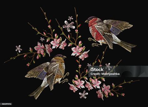 자 수 새 그리고 꽃이 만발한 벚꽃 벡터입니다 클래식 자 수 멋쟁이 새의 일종 그리고 팃 지점 꽃 사쿠라에 봄 패션 아트 옷 T