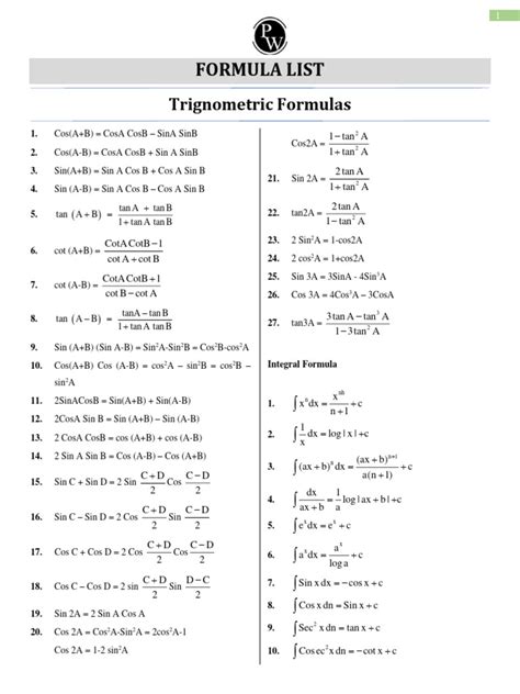 Formulas List Maths Sanjay Sir Akash 1 Pdf Trigonometric Functions Trigonometry