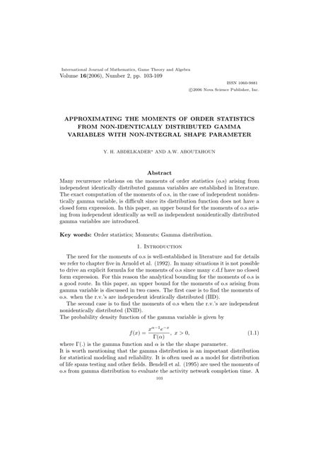 Pdf Approximating The Moments Of Order Statistics From Non Identically Distributed Gamma