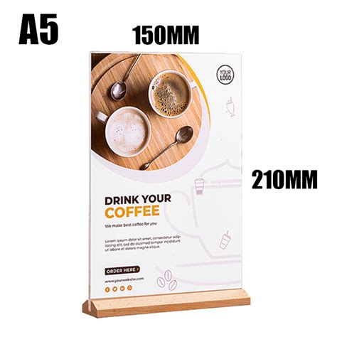 A5 A6 Acrylic T Shape Display With Wooden Stands Clear Sign Holder For