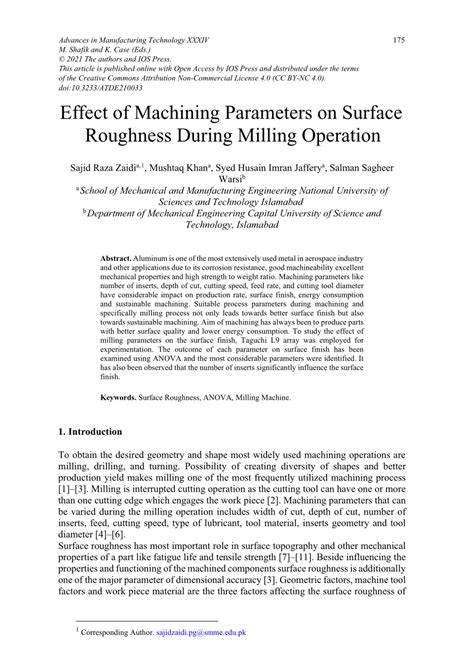 Pdf Effect Of Machining Parameters On Surface Roughness During Milling Operation