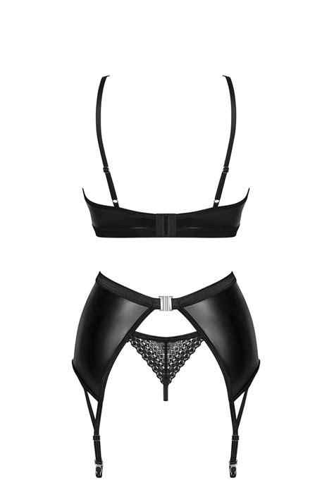 Norides 3 Pcs Set ワイヤー入りブラ＆ガーターベルト＆タンガ3点セット（レザー・レース・ブラック） Obsessive