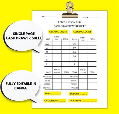 Editable Cash Drawer Worksheetdrawer Count For Businesscash Register