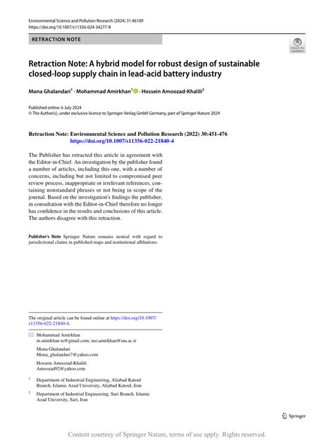 Retraction Note A Hybrid Model For Robust Design Of Sustainable Closed Loop Supply Chain In