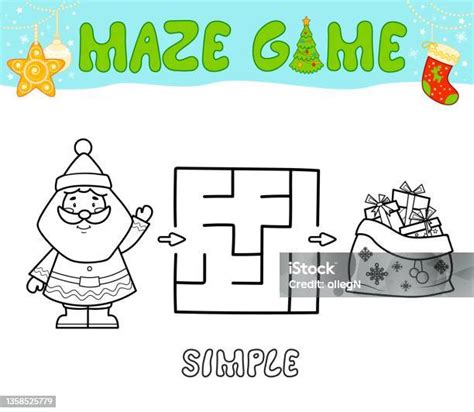 아이들을위한 크리스마스 미로 퍼즐 게임 산타 클로스와 간단한 윤곽 미로 또는 미로 게임 검색에 대한 스톡 벡터 아트 및 기타