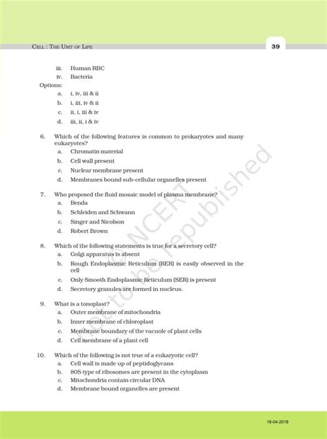 Ncert Exemplar Book For Class 11 Biology Chapter 8 Cell The Unit Of Life