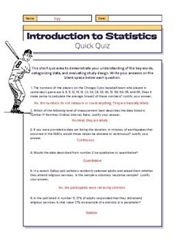 Answer Key Introduction To Statistics Quick Quiz By Coral Ruggiero