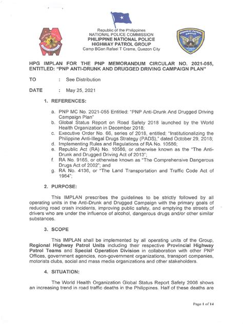 Hpg Implan To Pnp Mc No 2021 055 Anti Drunk And Drugged Driving Campaign Plan Pdf