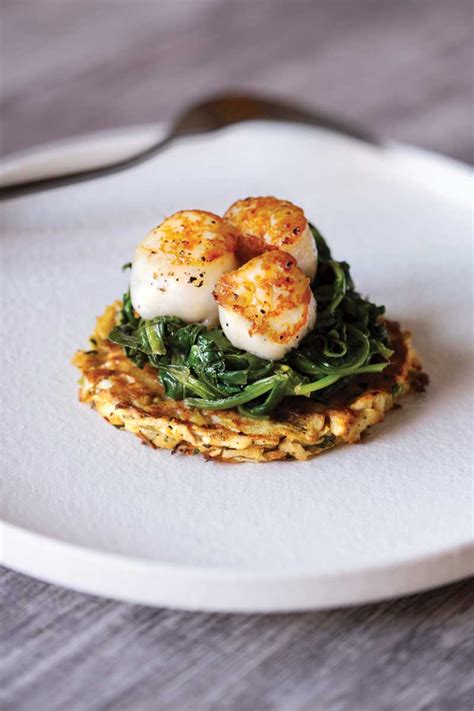 Seared Scallops On Parsnip Rosti With Wilted Greens Delicious Living