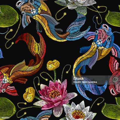 자 수 Koi 물고기와 수련 완벽 한 패턴입니다 클래식 자 수 잉어 잉어 분홍색과 흰색 석불과 수련 템플릿 유행 원활한 패턴 옷 T셔츠 디자인 벡터 자수에 대한 스톡 벡터