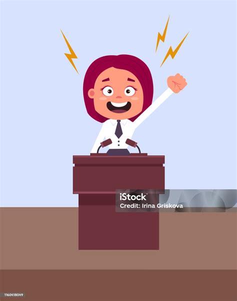 행복 한 미소 사업가 사무실 노동자 정치인 여자 캐릭터 에서 말하는 Rostrum 벡터 플랫 만화 일러스트 개념에 대한 스톡