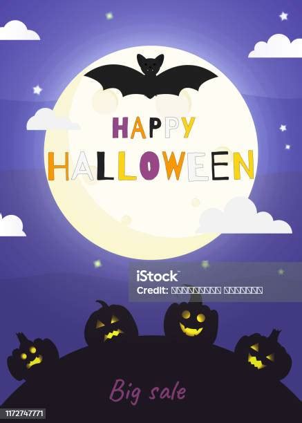 박쥐와 호박과 야간 할로윈 장면의 벡터 그림입니다 보름달의 배경에 텍스트 해피 할로윈 큰 판매 10월에 대한 스톡 벡터 아트 및 기타 이미지 Istock
